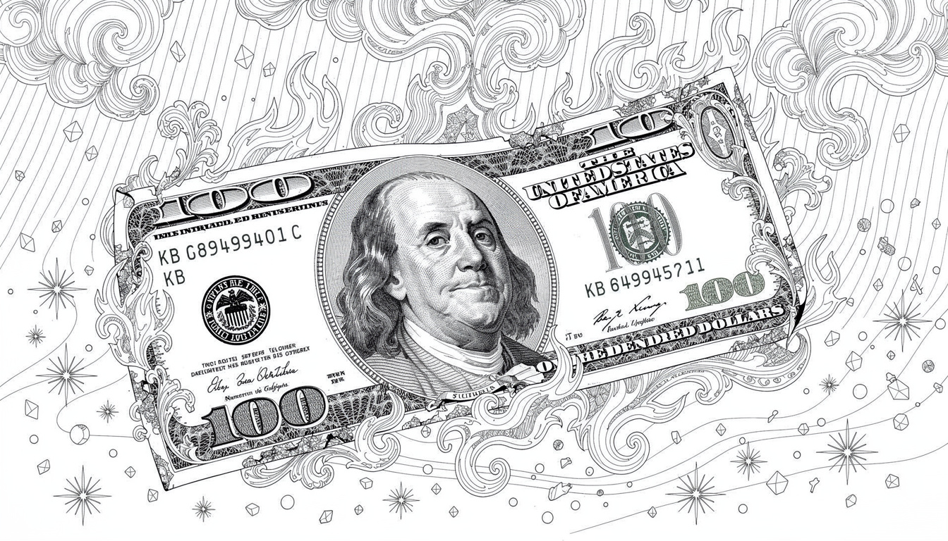 100 Dollar Bill Coloring Page with Baroque Clouds | Colorazen