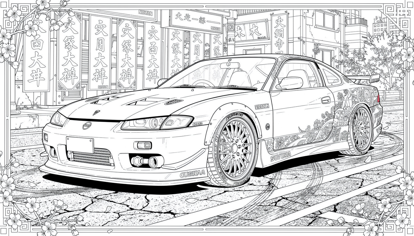 Nissan Silvia Coloring Page - Japanese Street Racing Art | Colorazen