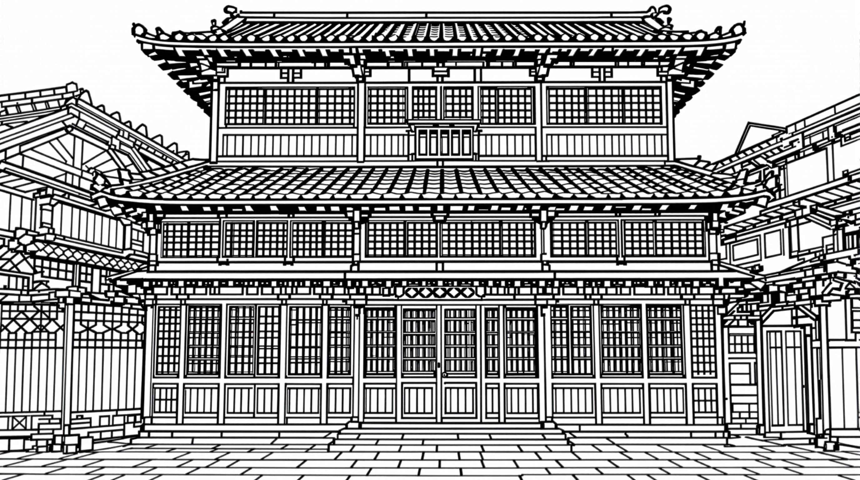 Traditional Kyoto Machiya Townhouse Coloring Page for Adults | Free PDF ...