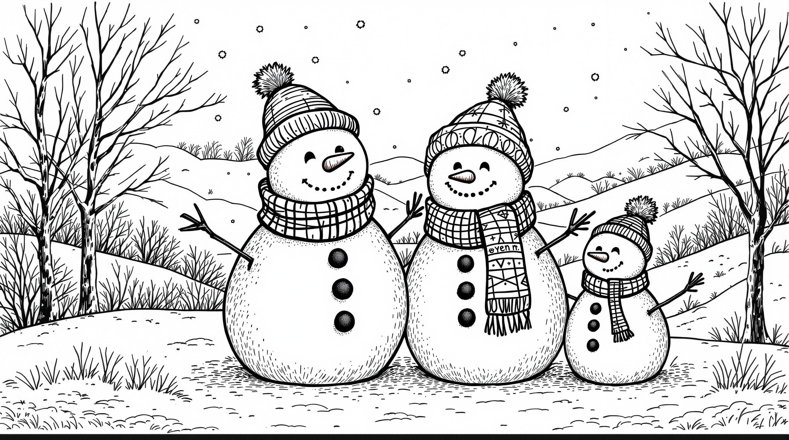 Snowman Family Winter Scene Adult Coloring Page - Detailed Line Art ...