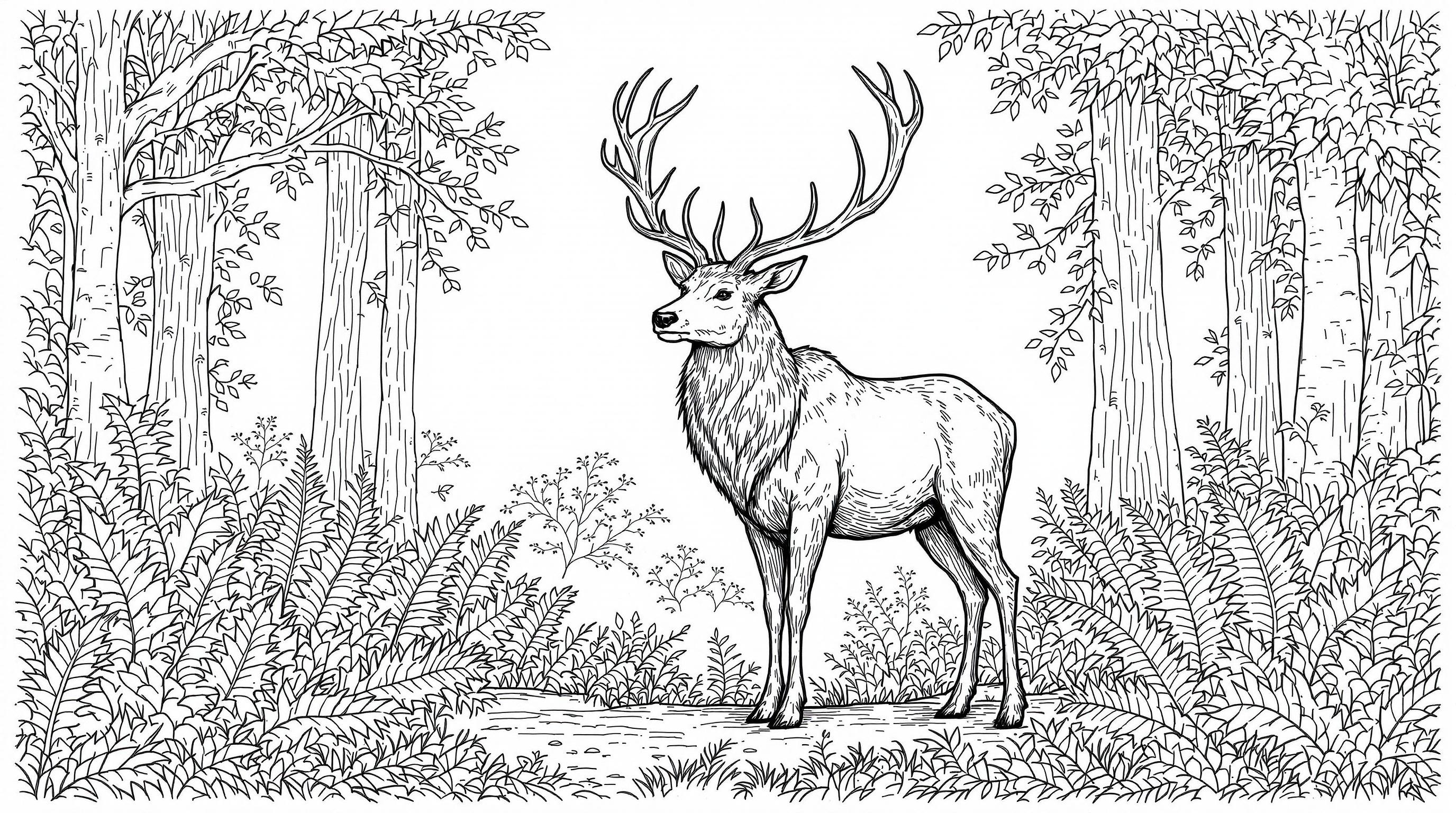 Majestic Stag in Forest Adult Coloring Page | Deer Line Drawing | Colorazen