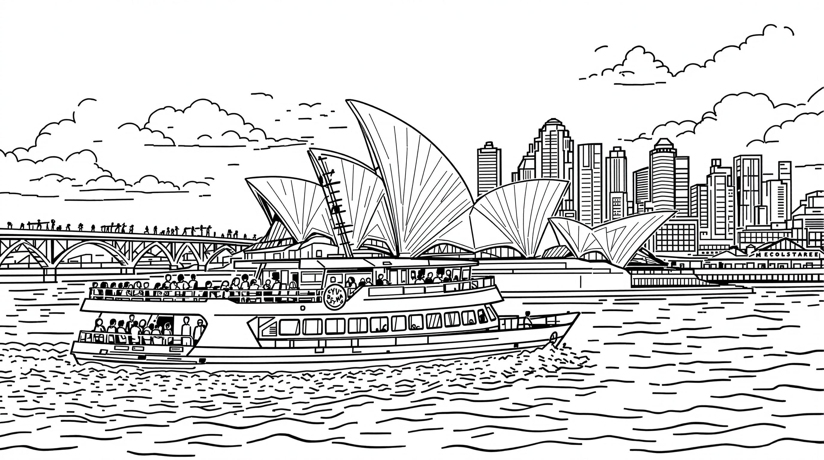 Sydney Harbor Ferry & Opera House Line Drawing Coloring Page | Colorazen