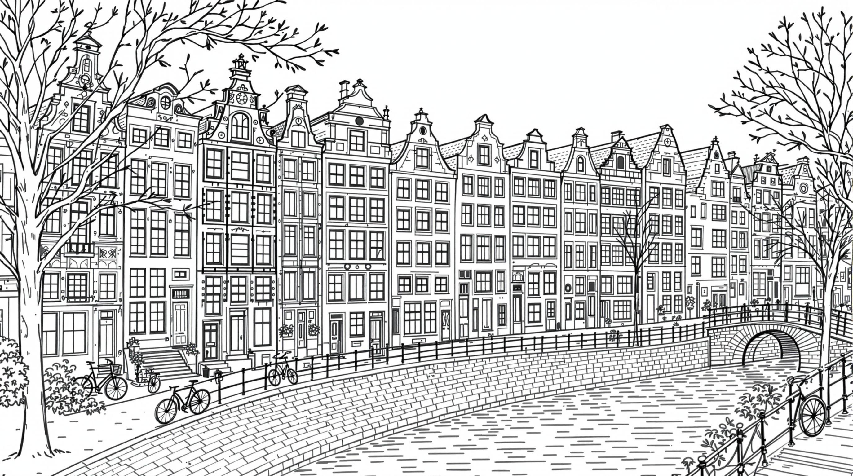 Amsterdam Canal Houses Coloring Page | Free PDF | Colorazen