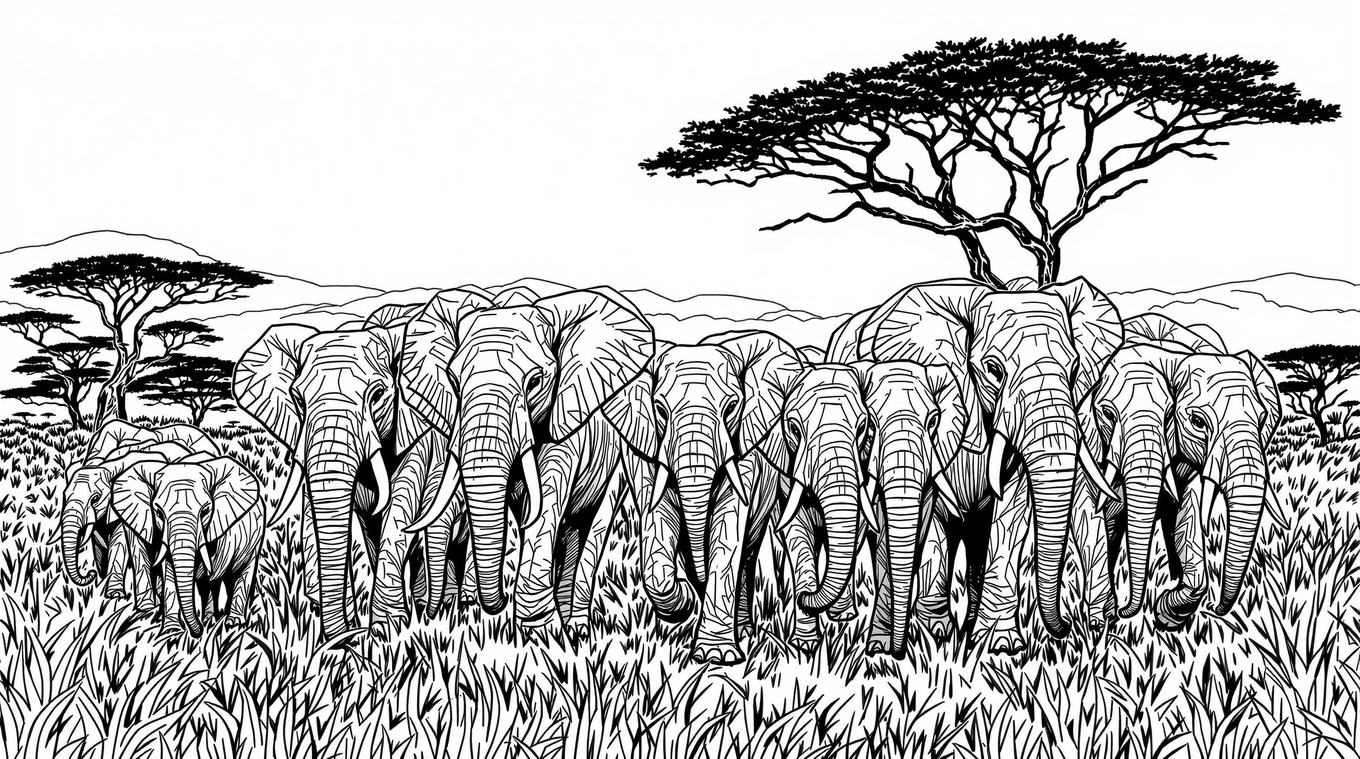 African Elephant Herd Line Drawing | Detailed Safari Coloring Page ...