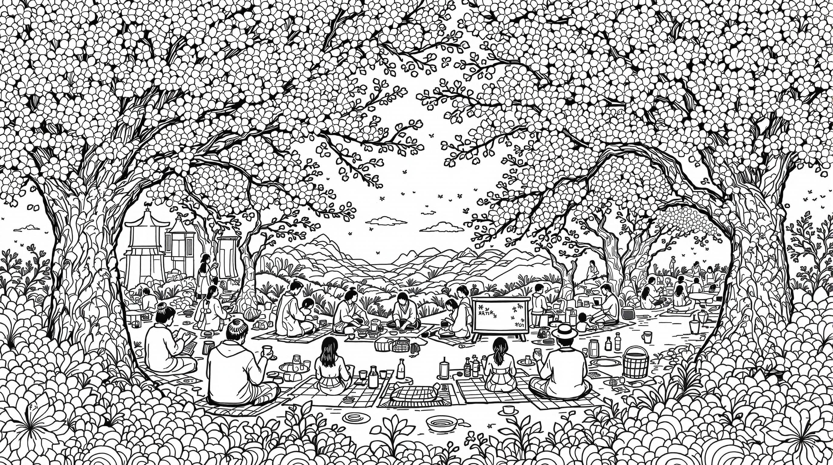 Japanese Hanami Cherry Blossom Festival Coloring Page | Detailed Art ...