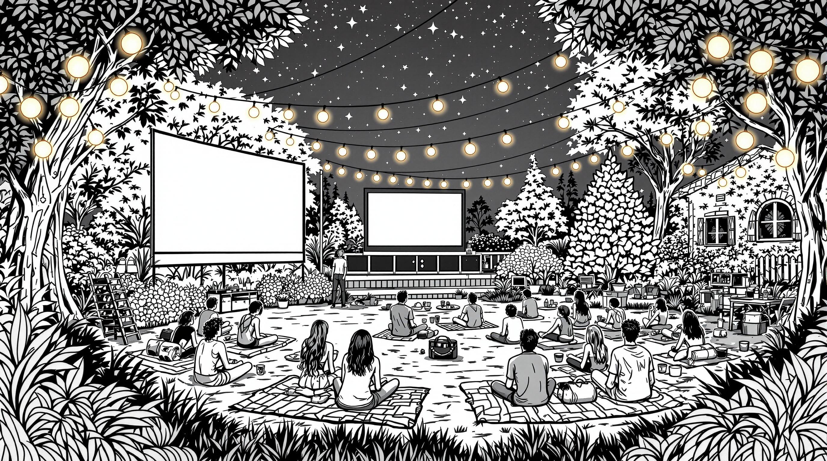Summer Film Festival Adult Coloring Page - Outdoor Cinema Line Art ...
