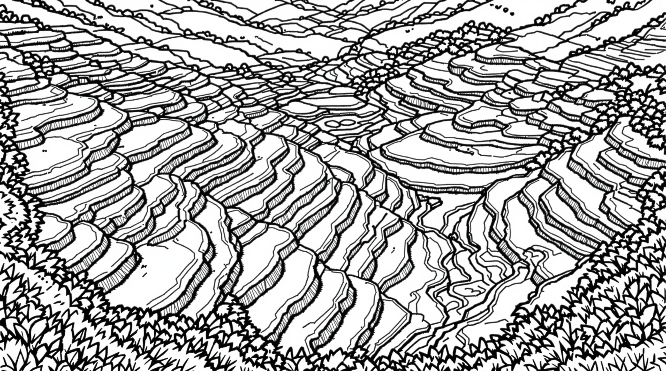 Terraced Rice Fields Adult Coloring Page - Geometric Nature Pattern ...
