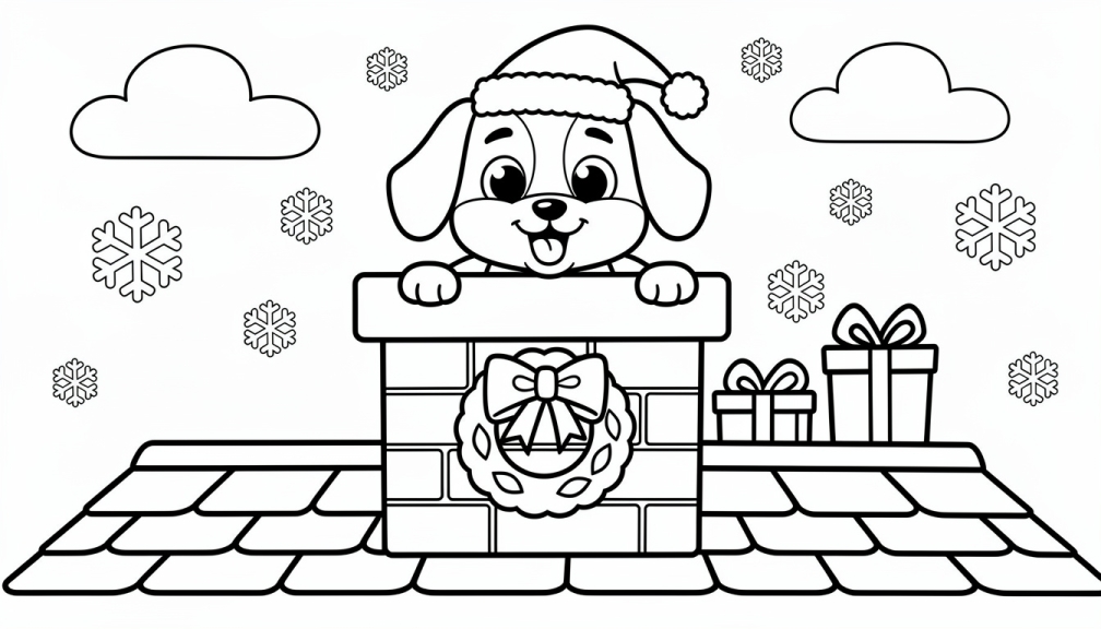 Dog Behind Chimney Christmas Coloring Page | Colorazen
