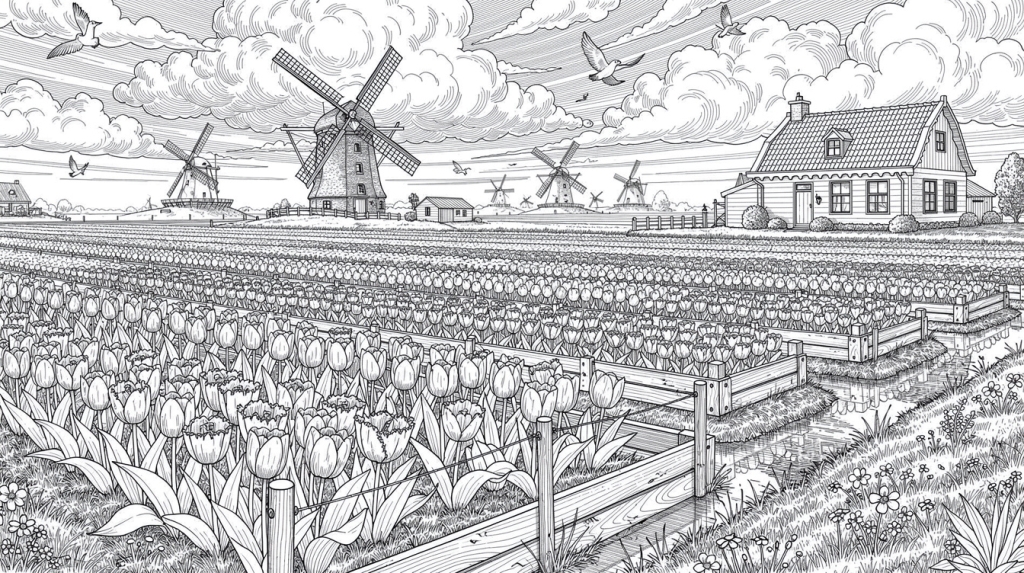 Dutch Tulip Field Coloring Page | Free PDF | Colorazen