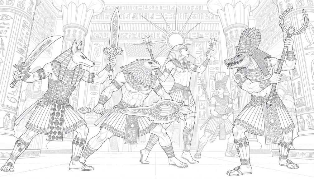 Egyptian Gods Ceremonial Procession Coloring Page | Colorazen